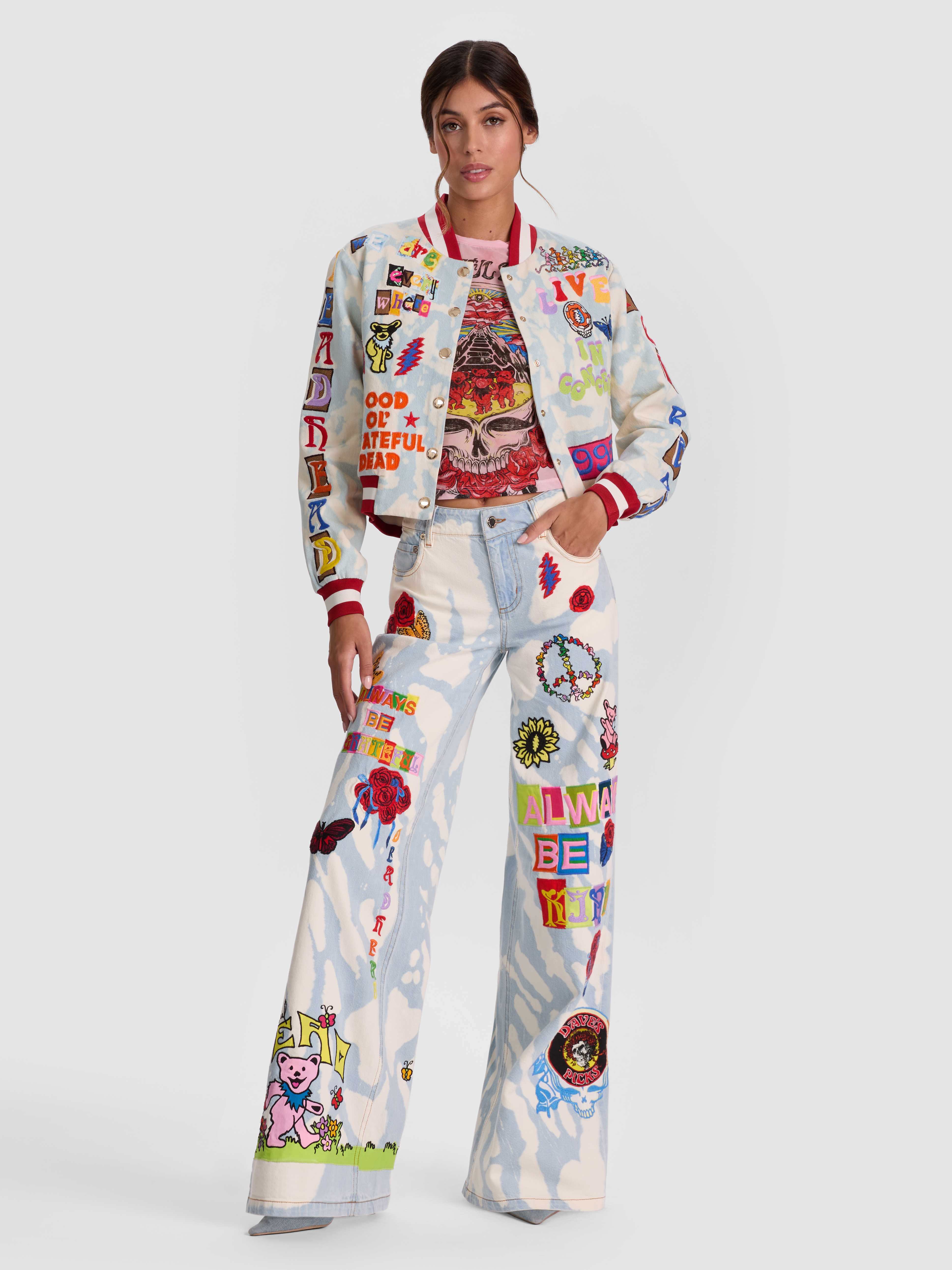 ALICE + OLIVIA Alice + Olivia Keri Tie-Dye Denim Varsity Jacket with Embroidered Patches